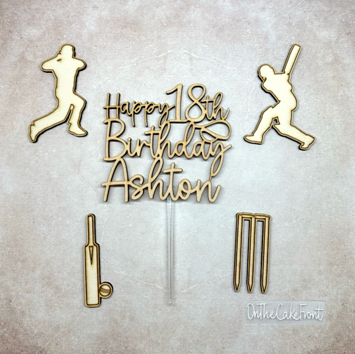 Cricket Personalised Wooden Cake Topper Set Bat Ball Stumps | On The ...