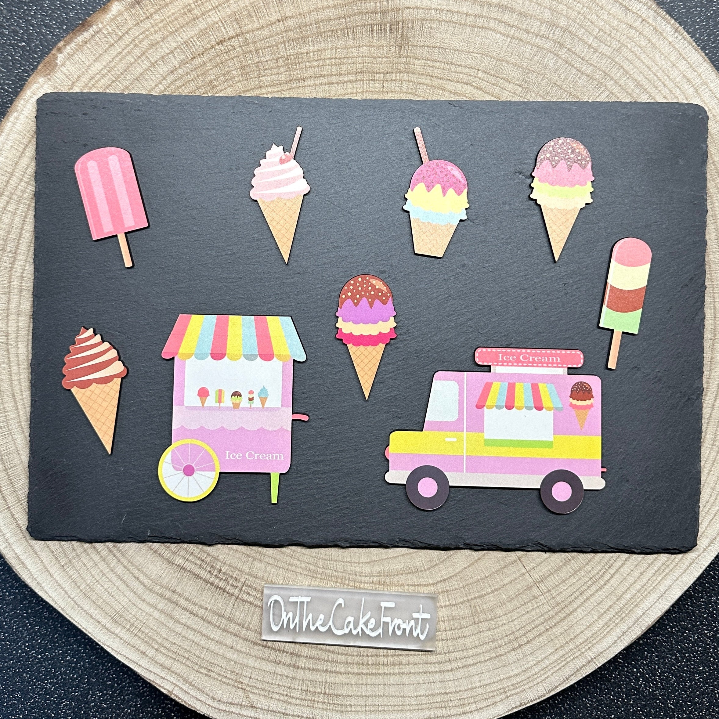 Ice Cream Van Cart Lolly Cone Wood Charm Birthday Cake Topper Set | On ...