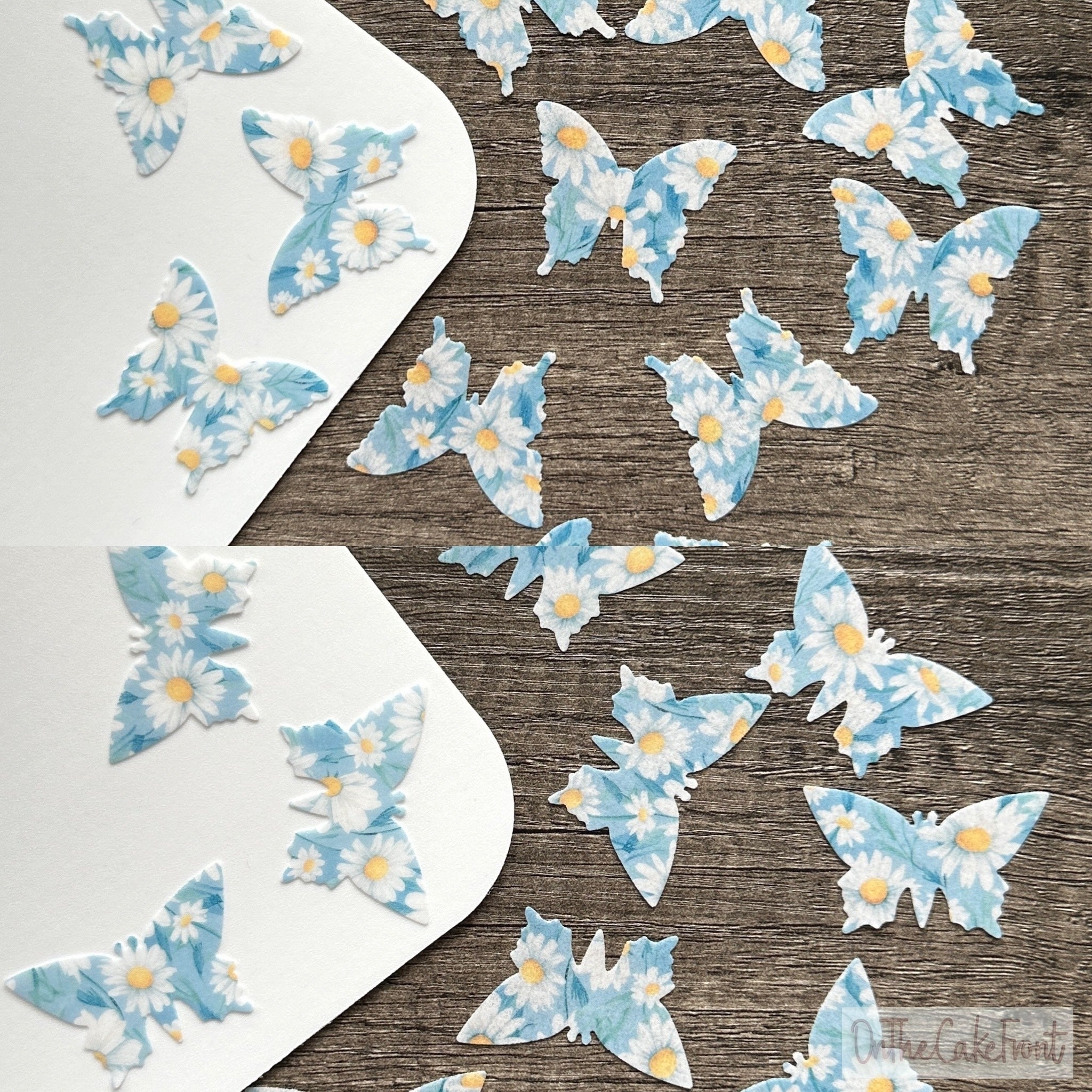 12 Daisy Blue Butterflies Edible Wafer Paper Toppers | On The Cake Front